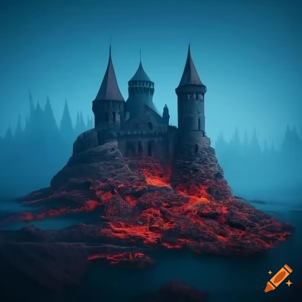 Old fantasy castle surrounded by red lava and blueish fog on Craiyon