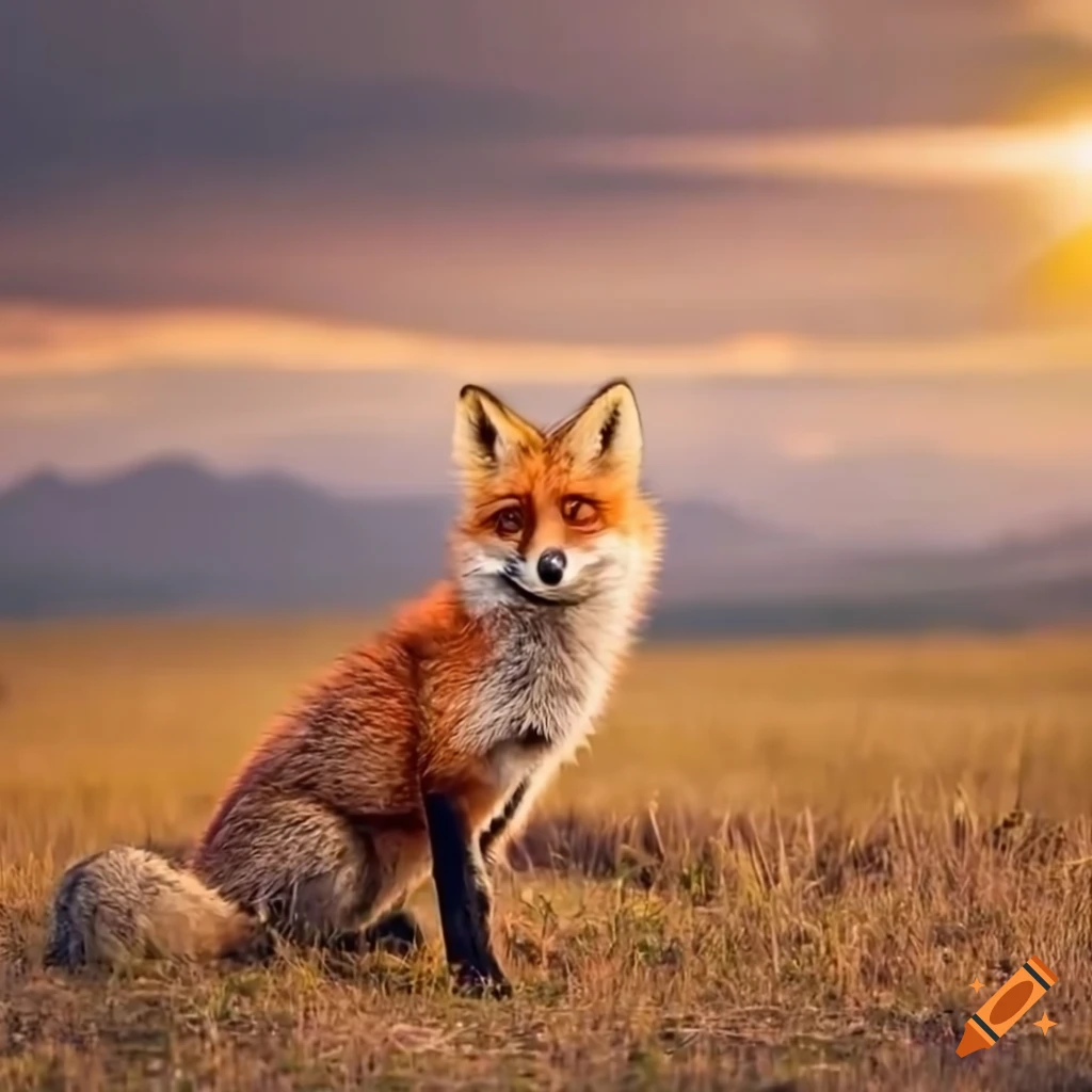 Majestic fox in a grassy field during sunset with rolling mountains in ...