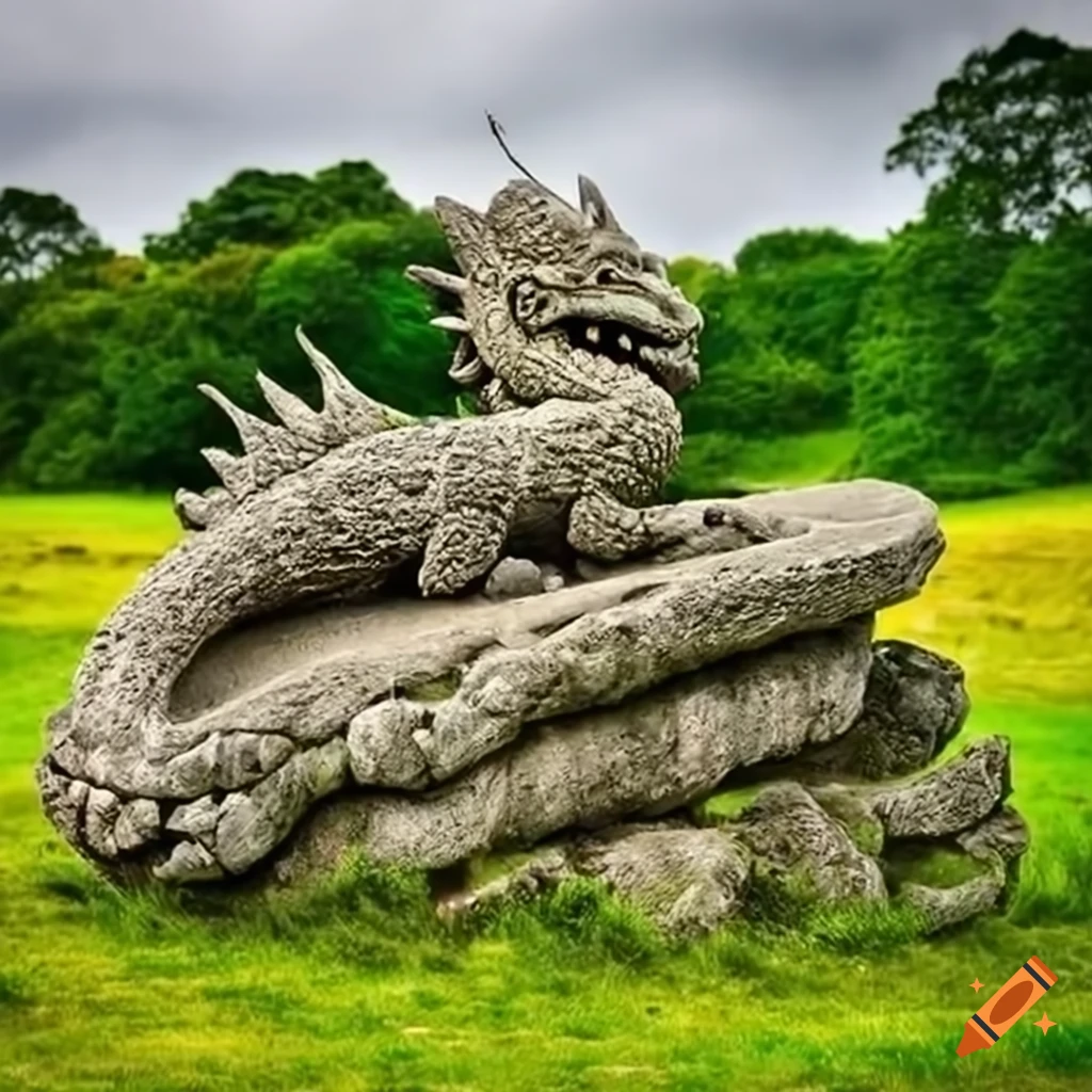 Impressive stone dragon sculpture in lush grasslands on Craiyon