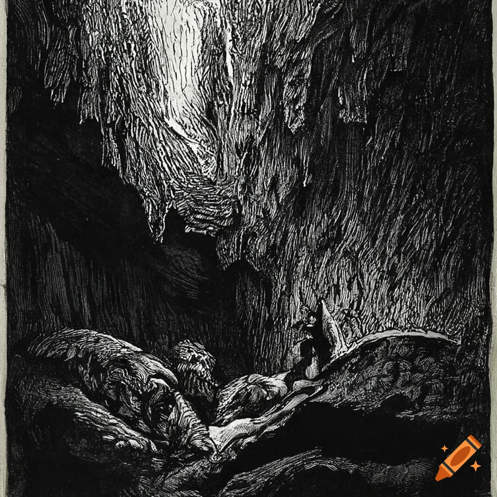 Detailed black and white ink drawing of trolls in a cave by Theodor ...