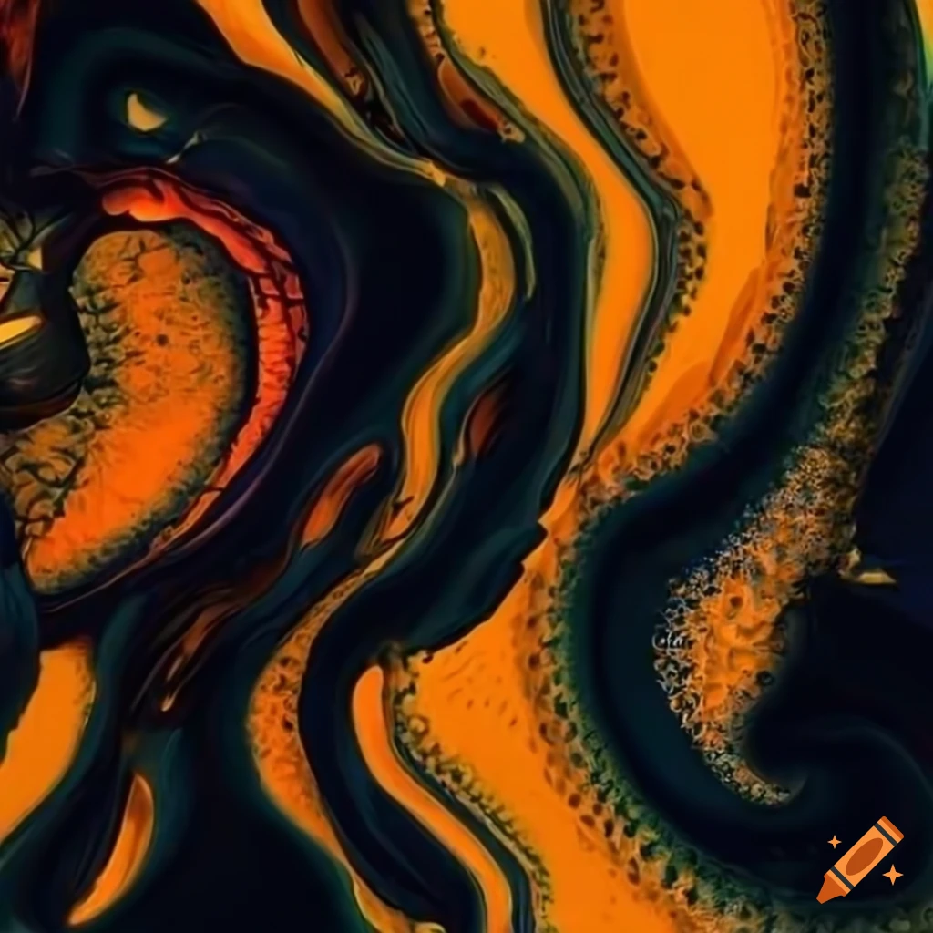 Abstract black and orange yellow reptilian shapes representing life finds a way on Craiyon
