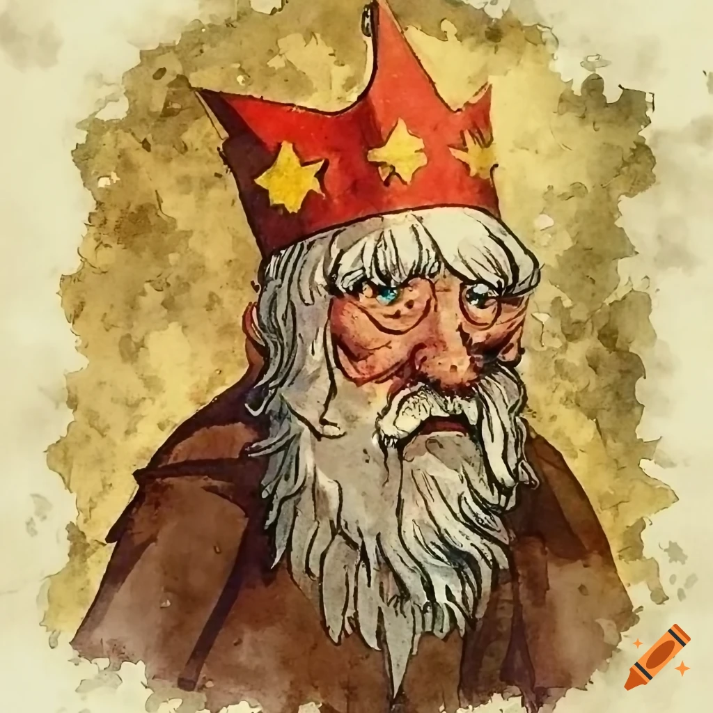 Serious old gnome king with sword standing by cave entrance in medieval ...