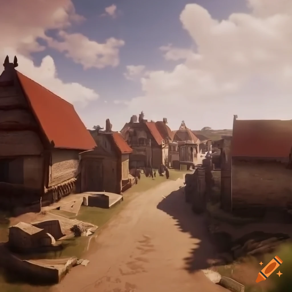 Aerial view of a sci-fi village square with unique architecture and ...