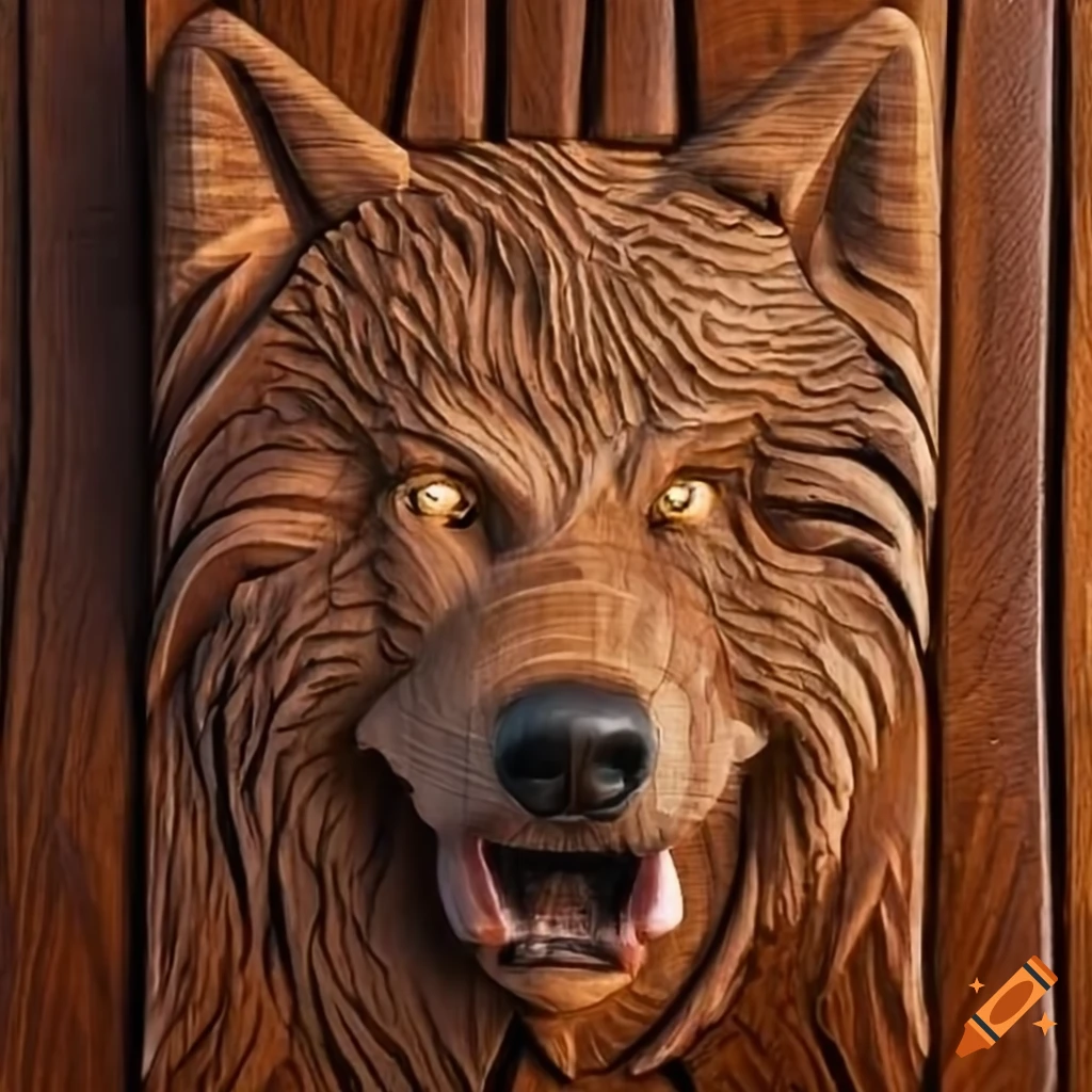Wooden tile with a carved wolf design on Craiyon