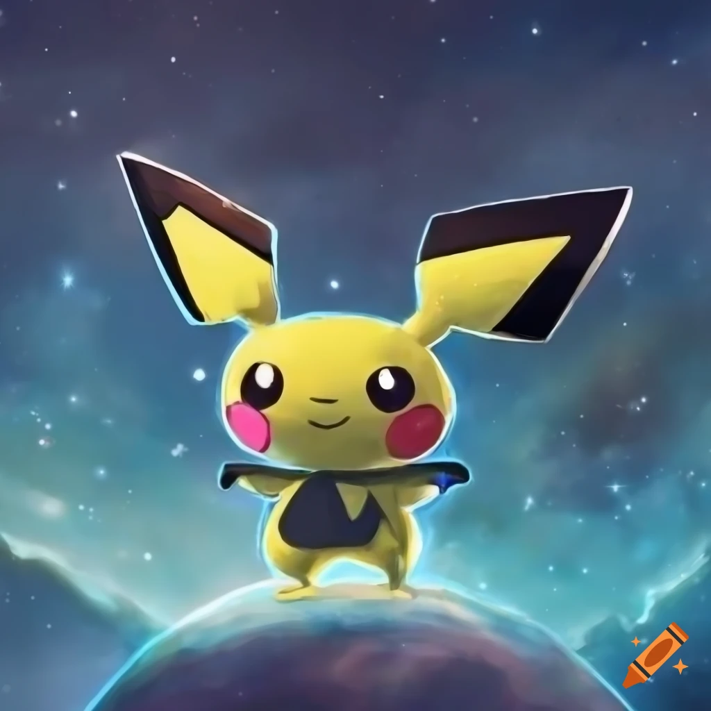 Pichu standing on top of a planet with a space background on Craiyon