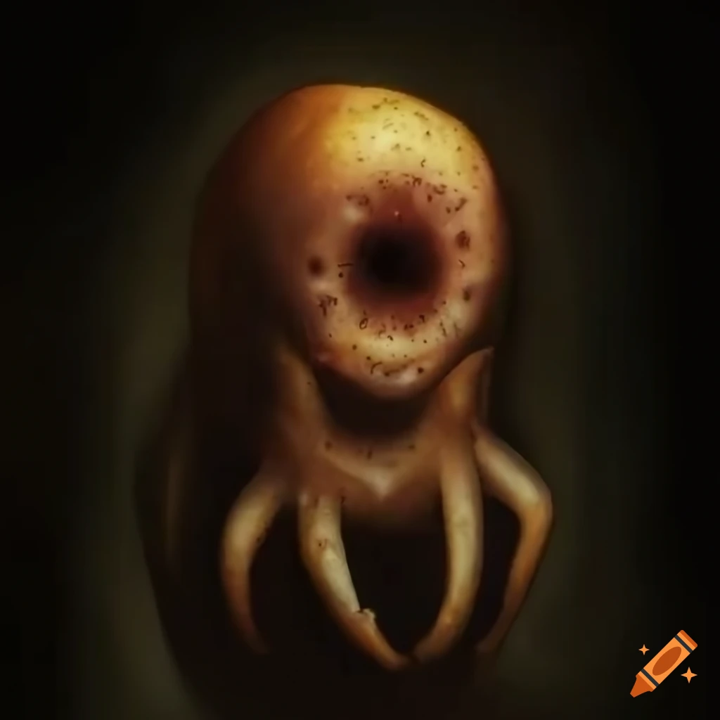 Macro dark art painting of a unique potato-headed creature with long ...