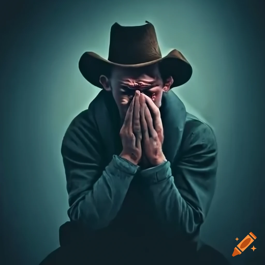 Man in cowboy hat crying in a jailhouse cell on Craiyon