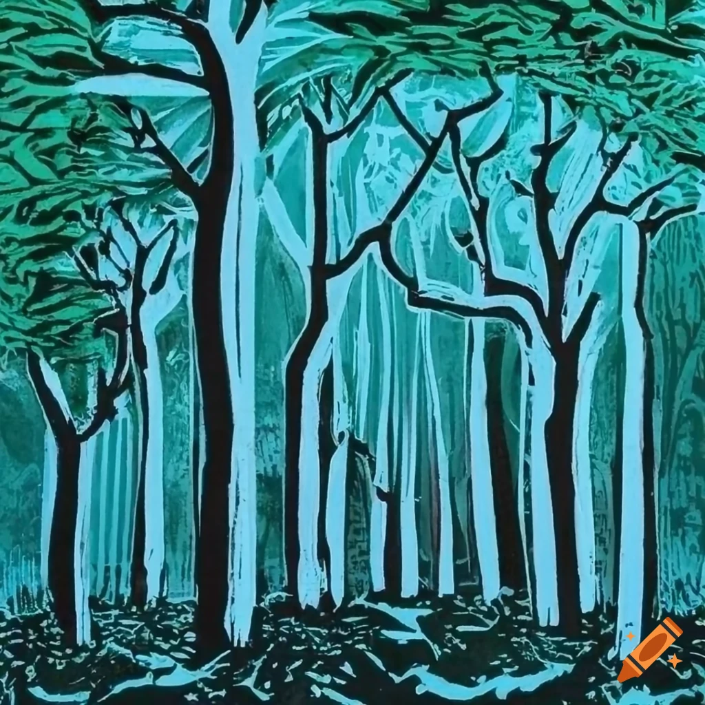 Asian inspired trees linocut artwork on Craiyon