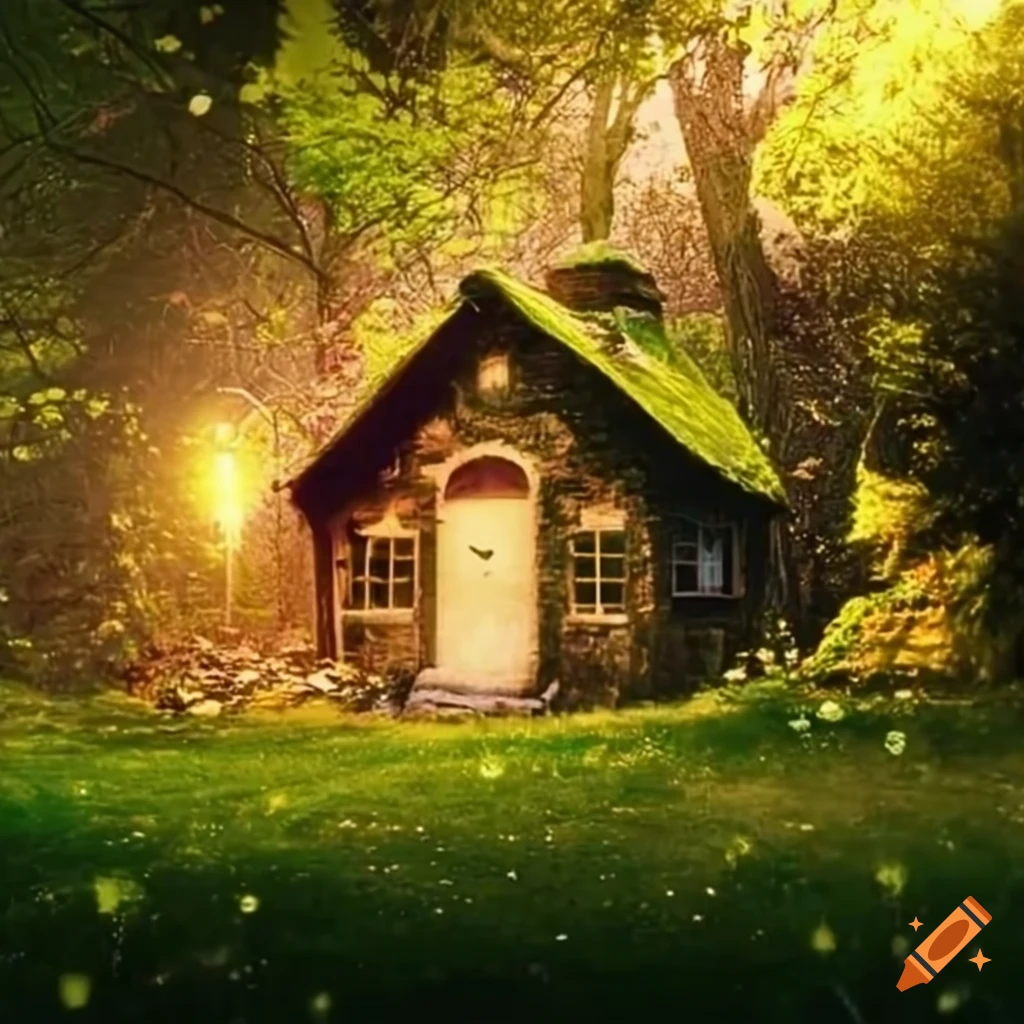 Fairytale cottage in a grass meadow by a big tree with fireflies on Craiyon