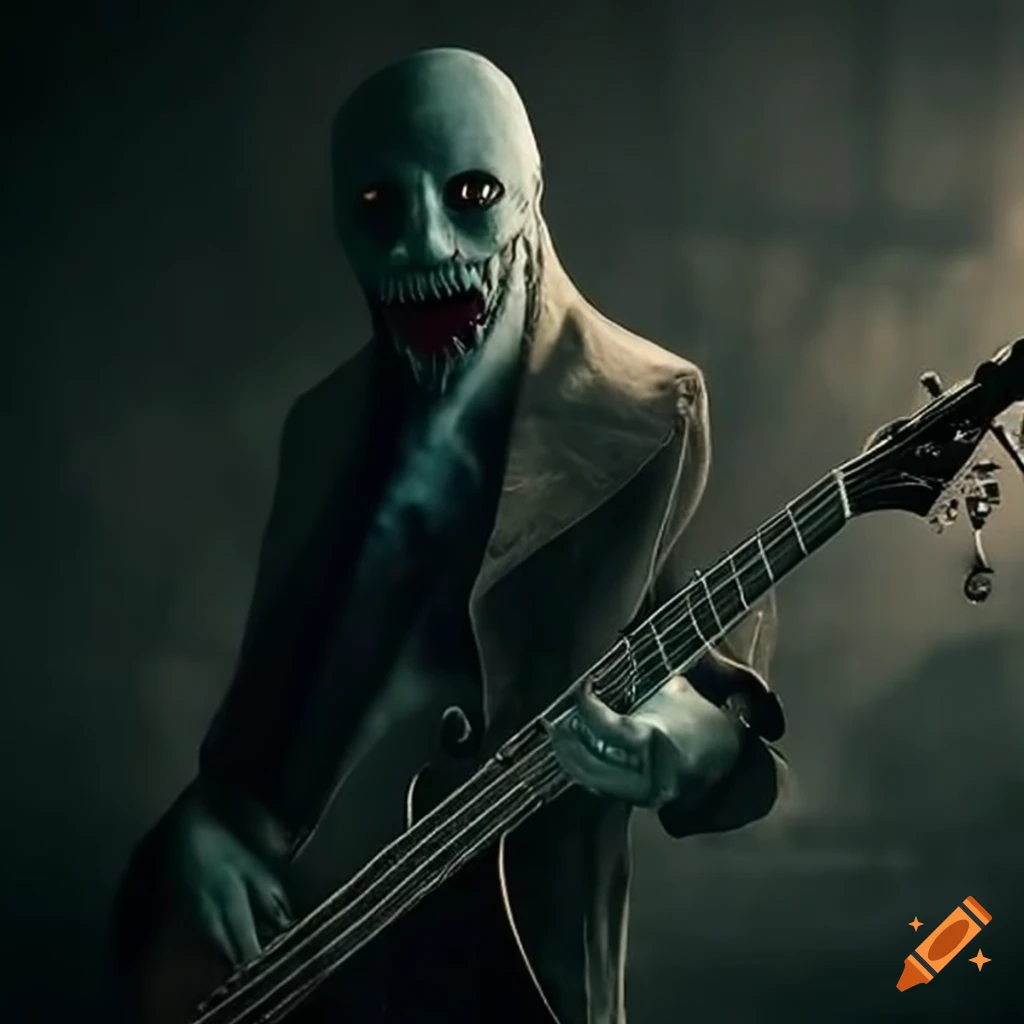 Dystopian world with a creature playing bass guitar on Craiyon
