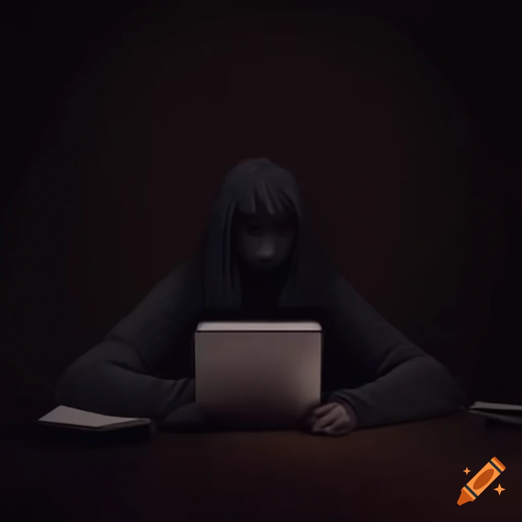 Person with neutral expression facing computer with smartphone on desk ...