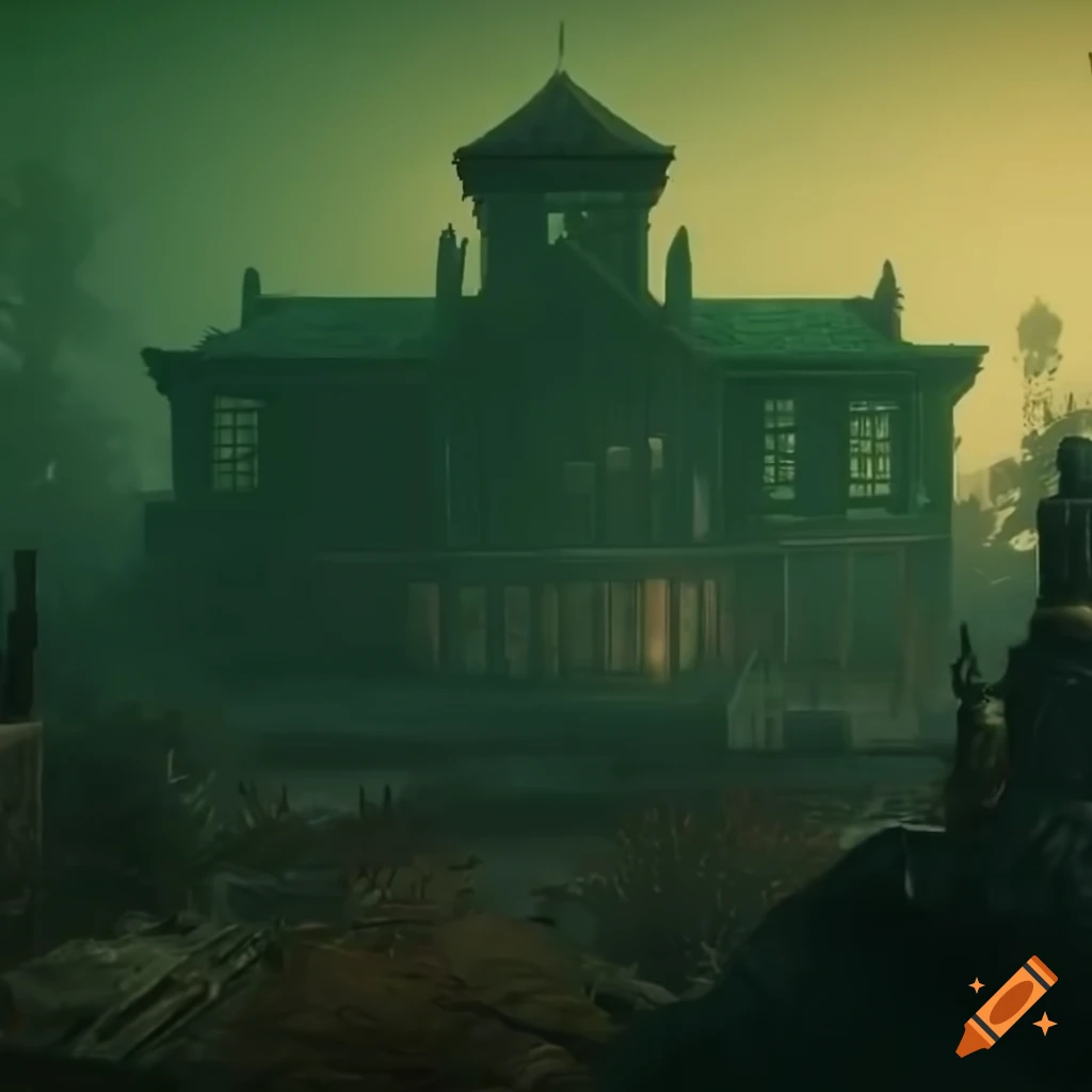 Fallout 76 green mansion with low fog on Craiyon