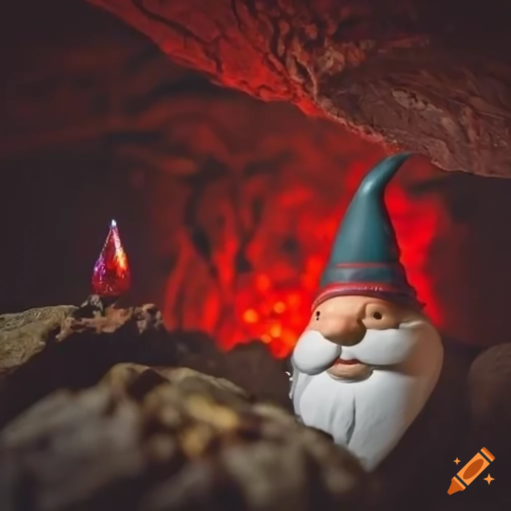 Gnome with red crystal in a cave on Craiyon