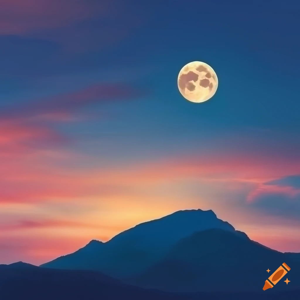 Sunset moon with clouds and mountains in the background on Craiyon