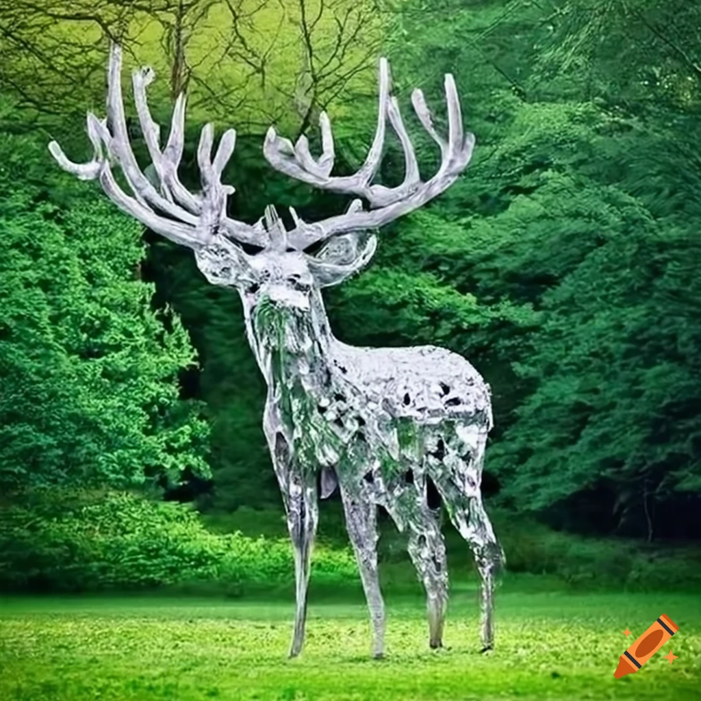 Majestic crystal deer sculpture in a lush field on Craiyon