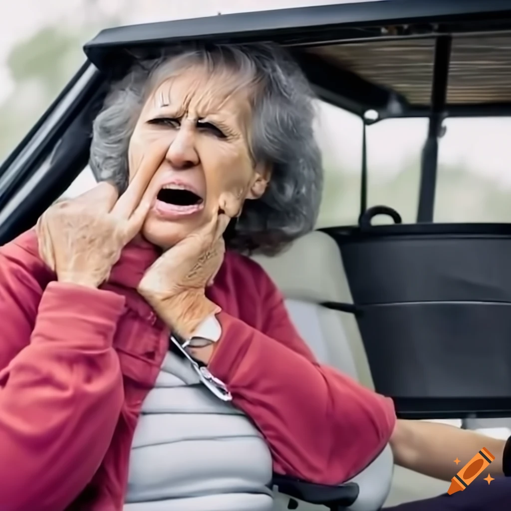 Angry young woman talking to elderly gray-haired mother in a golf cart ...