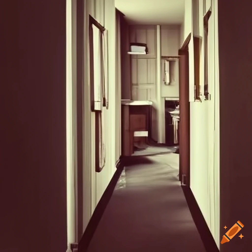 Hallway incorporating a kitchen with a 1960s vibe on Craiyon