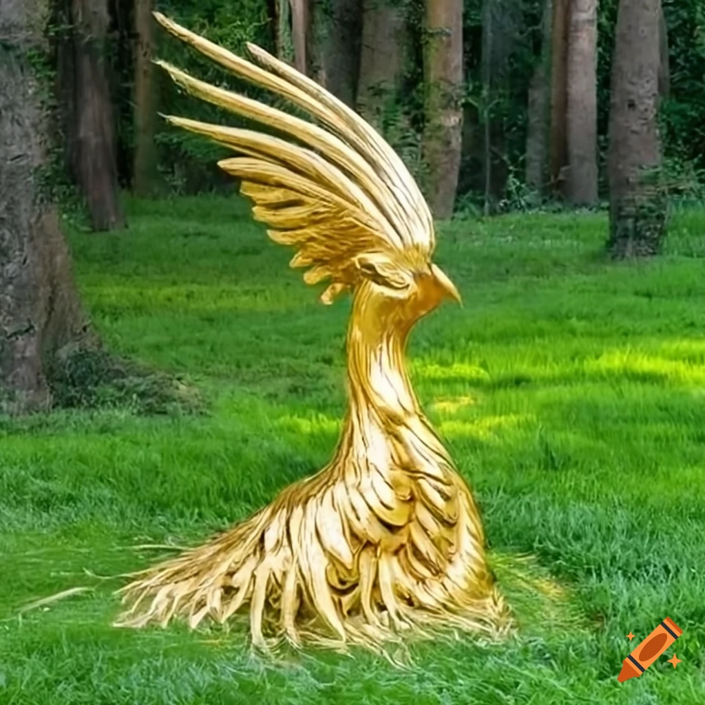 Majestic gold phoenix sculpture in grass on Craiyon