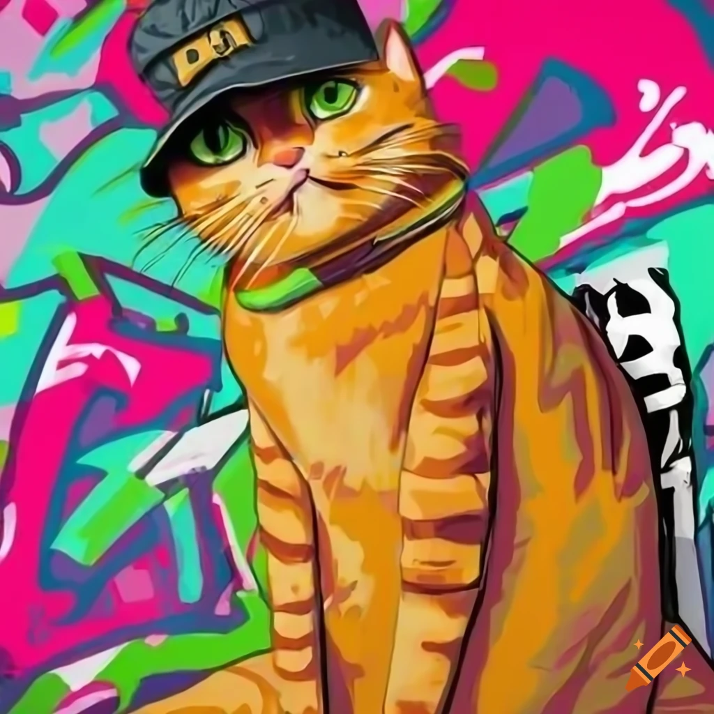 Orange cat dressed as a rapper in a sci-fi jungle setting with graffiti ...