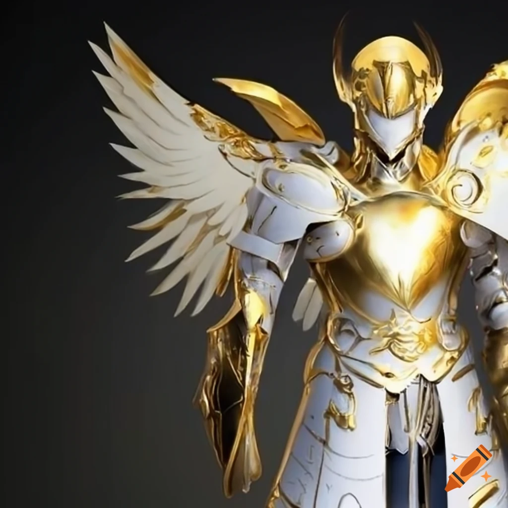 Male angelic seraph in white and gold armor looking left on Craiyon