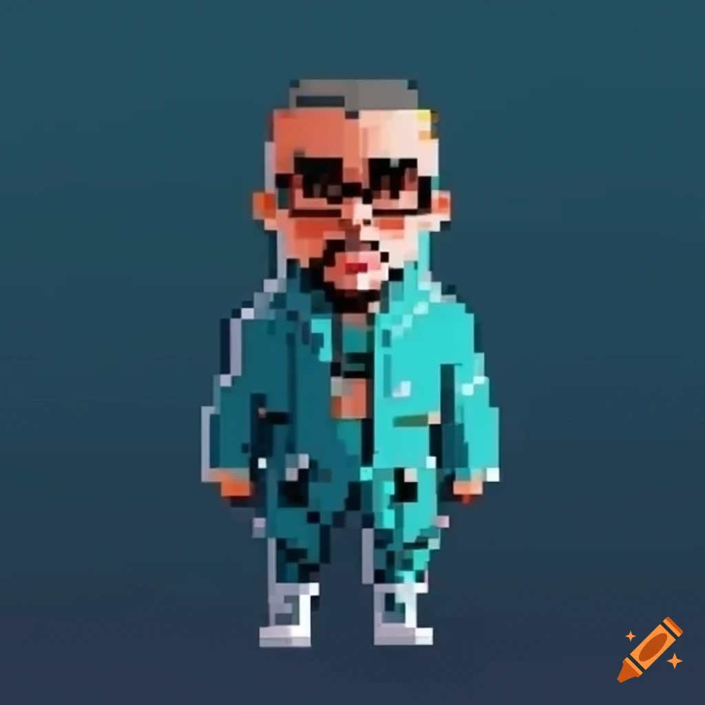 Pixel art of bad bunny in stylish outfit and bold posture on Craiyon