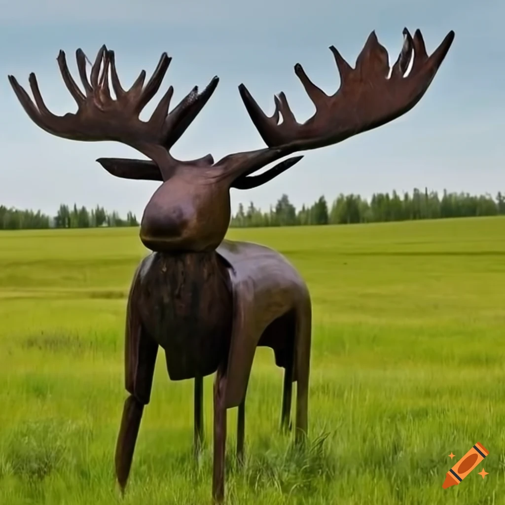 Stunning iron sculpture of a moose in a grassy meadow on Craiyon