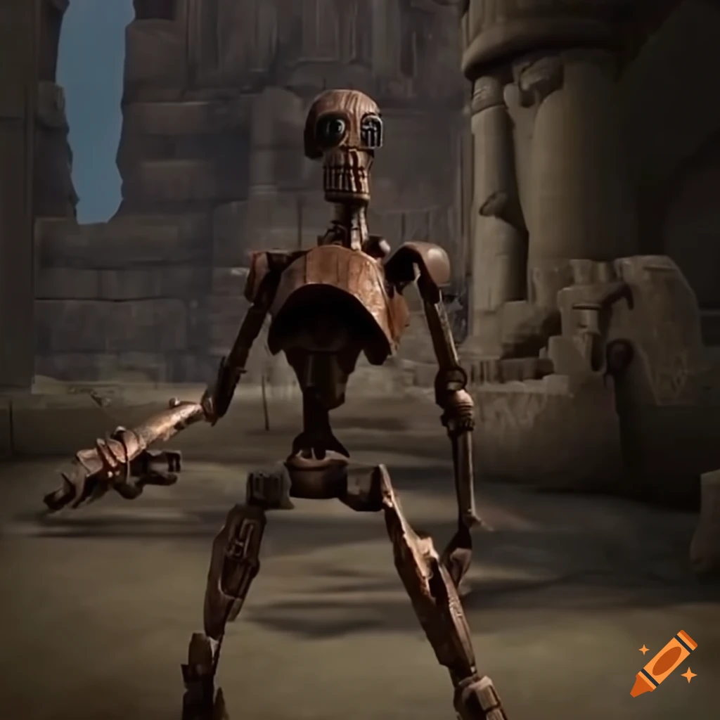 Battle droid exploring ancient ruins on Craiyon