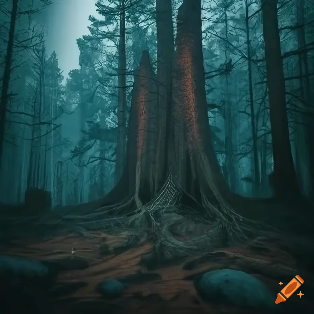 Old silver pine forest with twisted trees, elvish faces, and spiderwebs ...