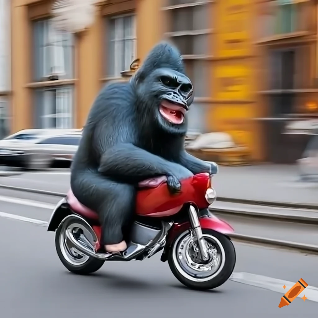 Gorilla on a fast motorcycle with a duck on a city street on Craiyon