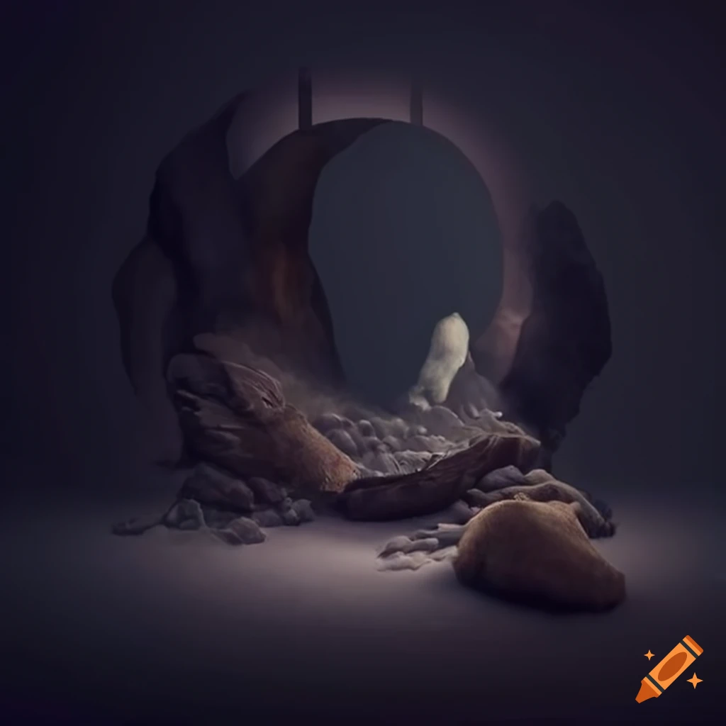 Surrealist landscape with random objects in an interior design style on ...