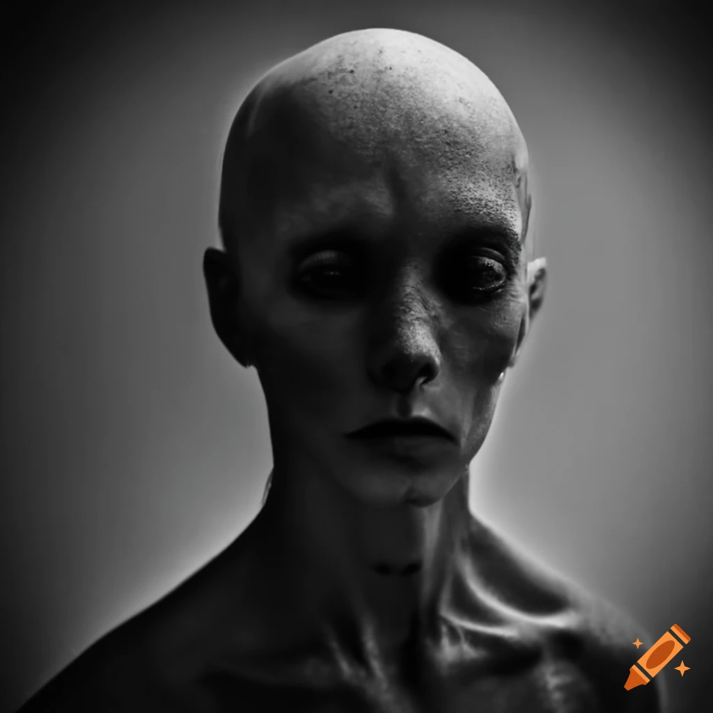 Normal human next to a sinister inhuman being in the darkness on Craiyon