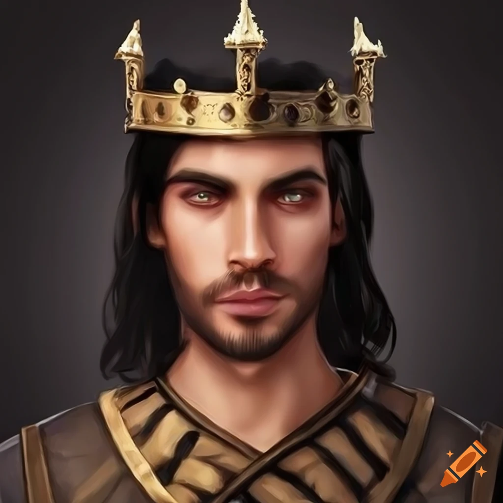 Portrait of a young king with black hair and a crown in a medieval ...