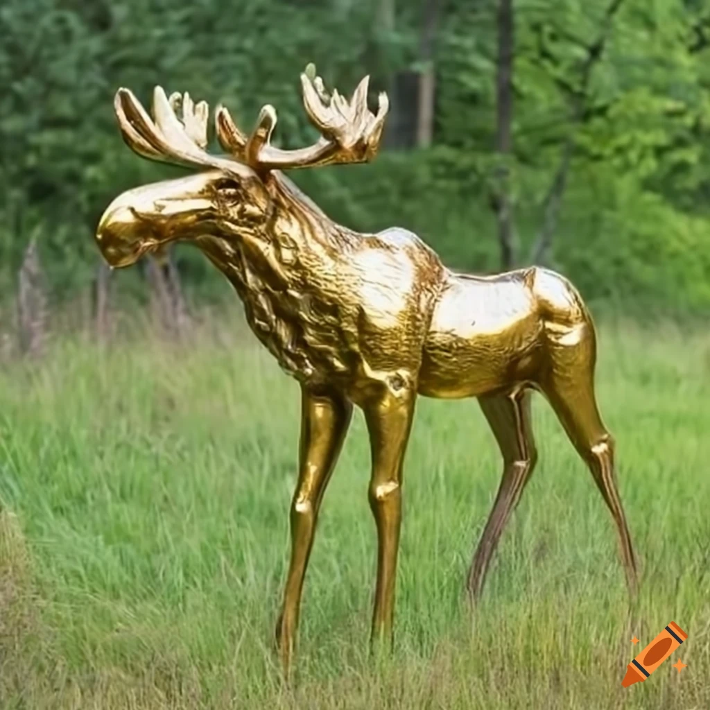 Majestic gold sculpture of a moose in grass on Craiyon