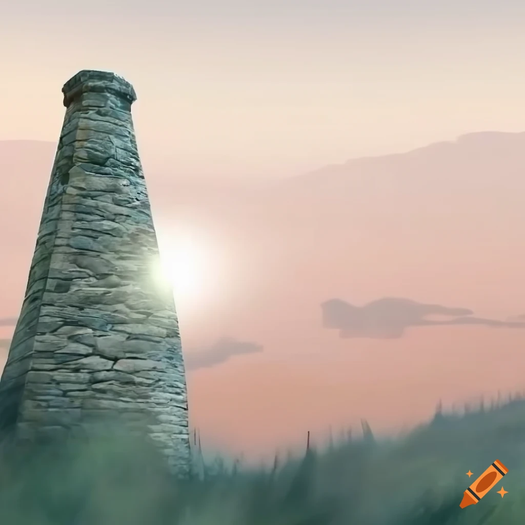 Beam of light from stone beacon in a fantasy village under blue sky on ...