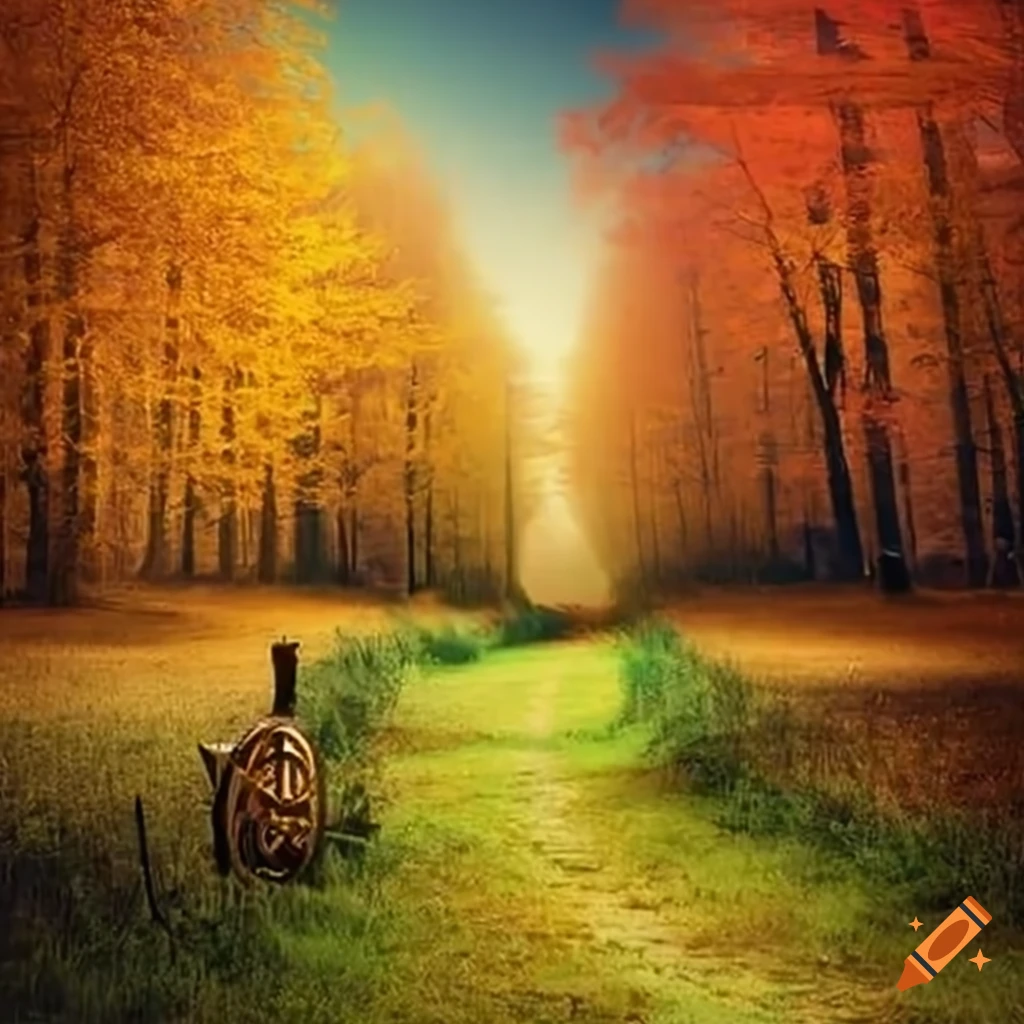 Wagon trail through a meadow in a fall fantasy setting on Craiyon