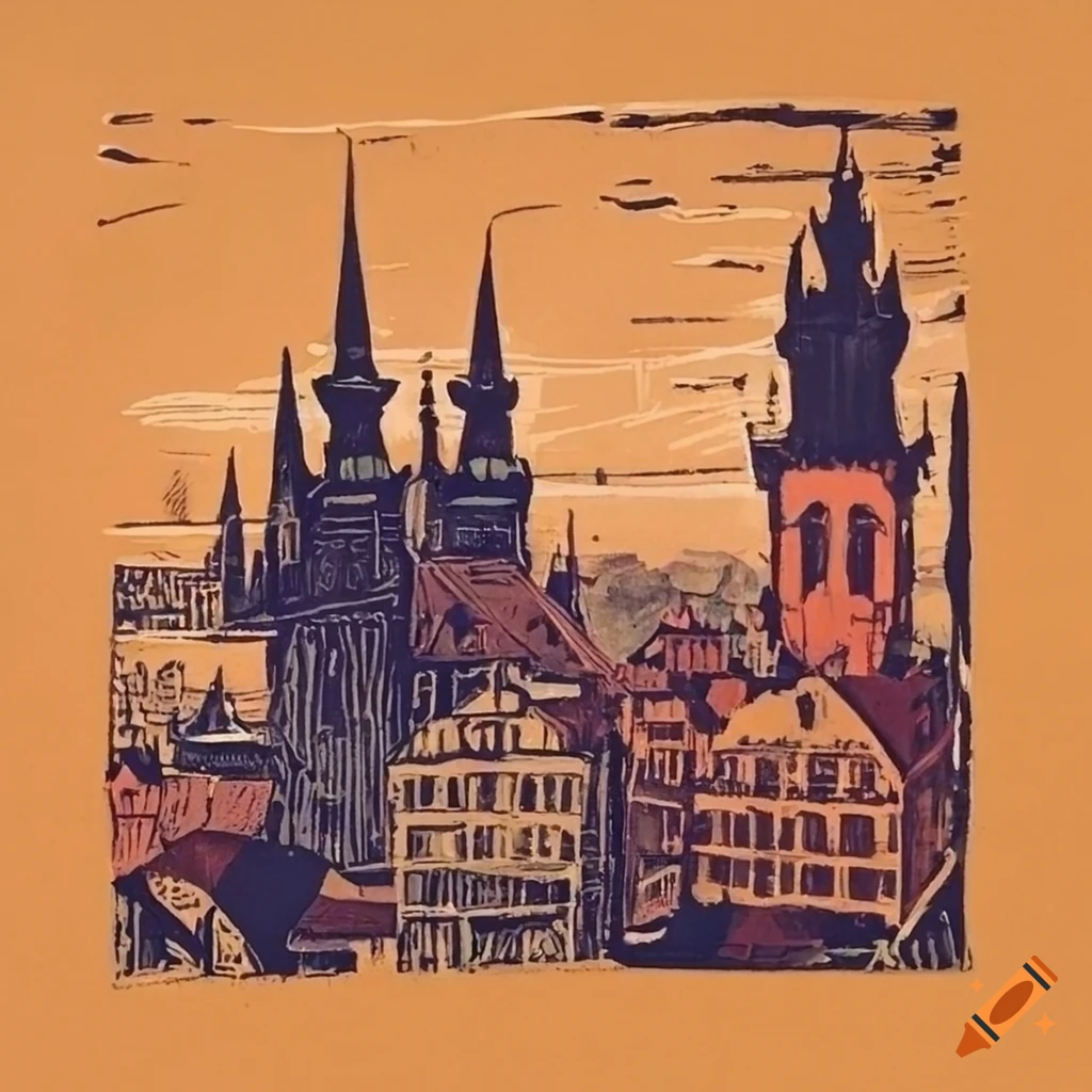 Old prague street linocut on Craiyon