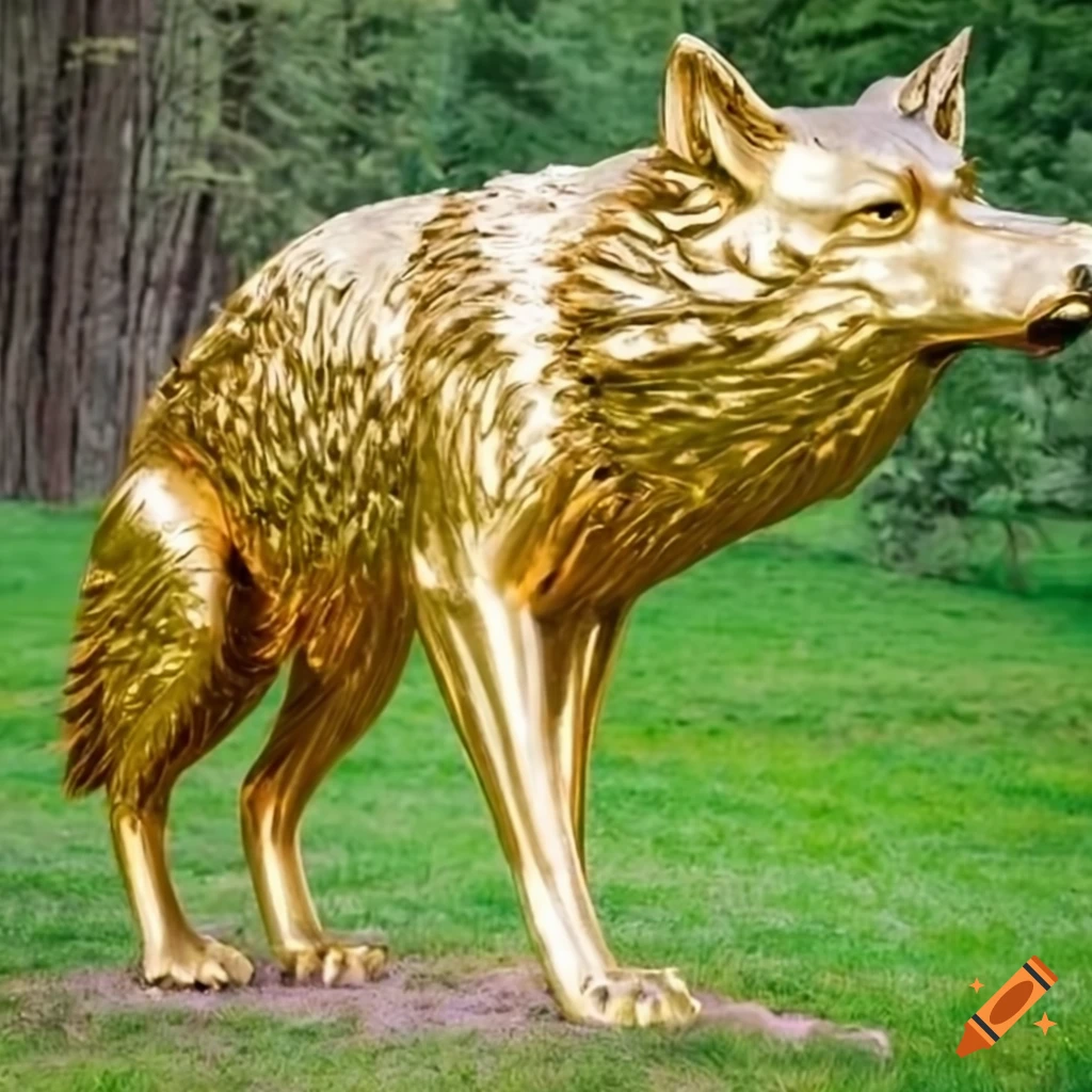Majestic gold wolf sculpture in grass on Craiyon