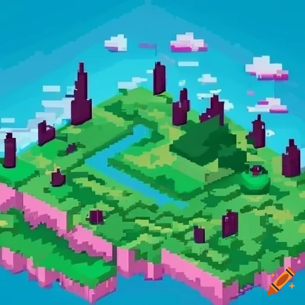 Isometric pixel art landscape on Craiyon