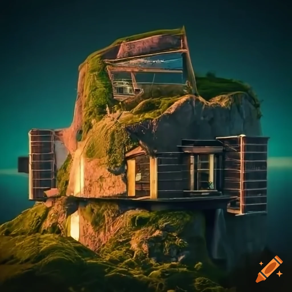 Solar punk style buildings on a steep island with glass domes and ...