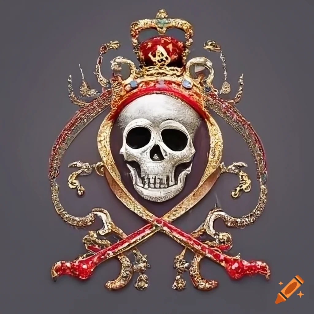 Opulent red pirate flag with a grand crest featuring a jewel-encrusted ...
