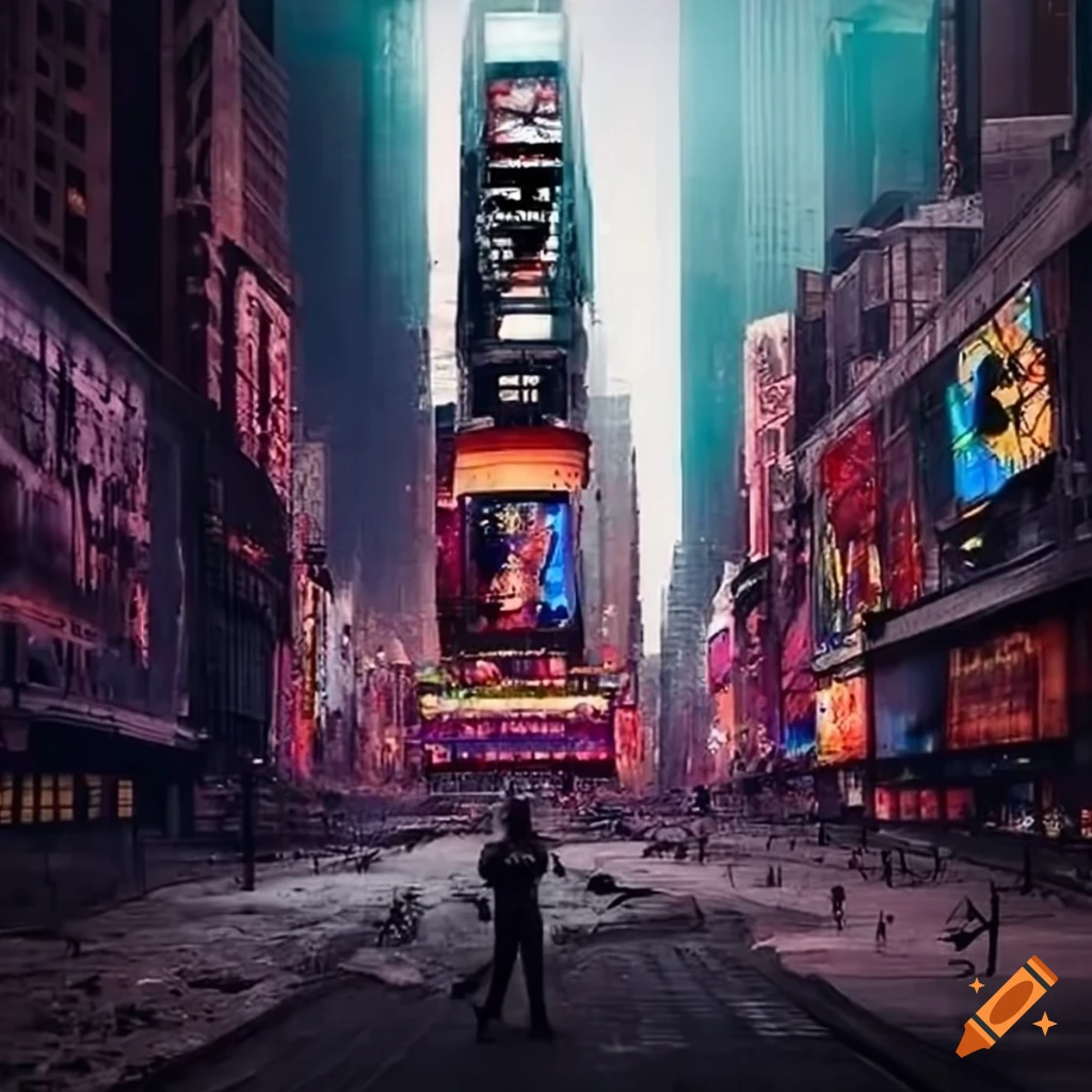 Ruined post-apocalyptic times square scene on Craiyon