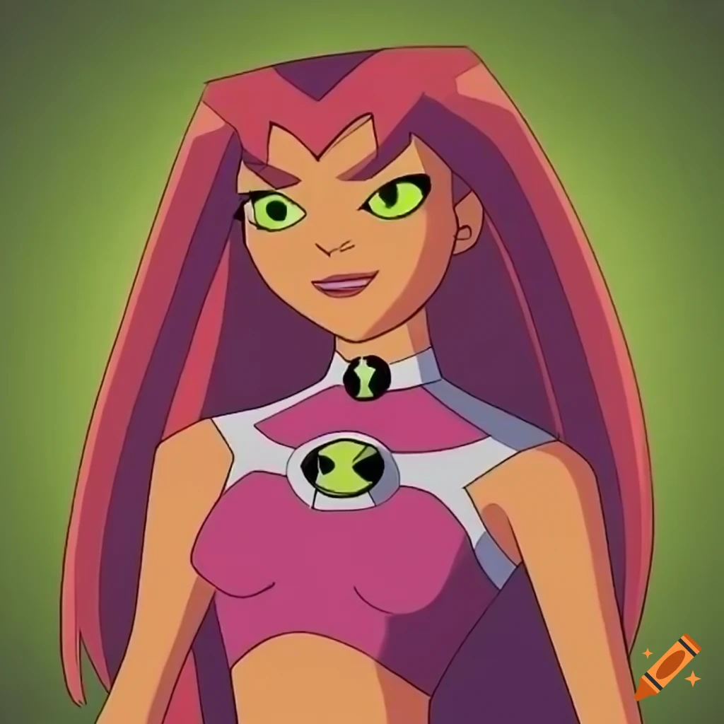 Ben 10 transforming into Starfire in a cartoon crossover on Craiyon