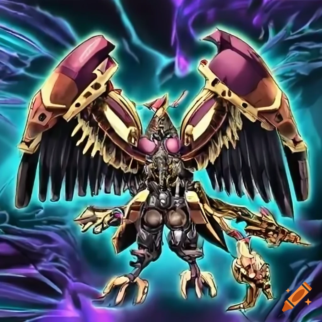 Mechanical falcon designed in Yu-Gi-Oh! Card style on Craiyon