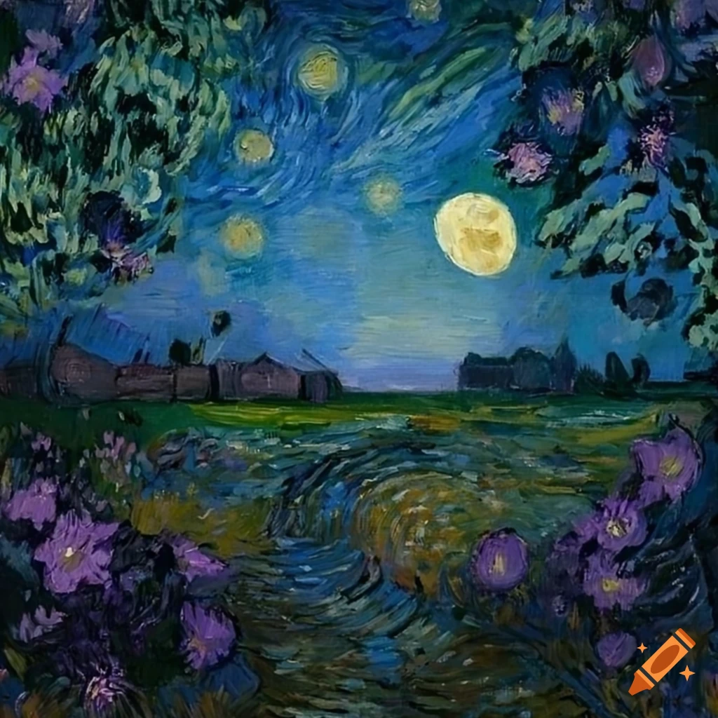 Nighttime meadow with belladonna flowers and a crescent moon, Van Gogh inspired on Craiyon