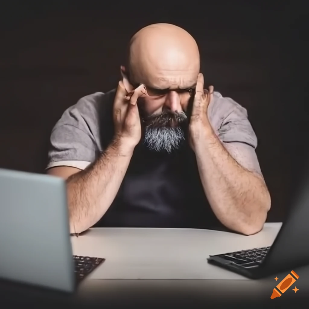 Bald man with black and grey beard working at desk on computer on Craiyon