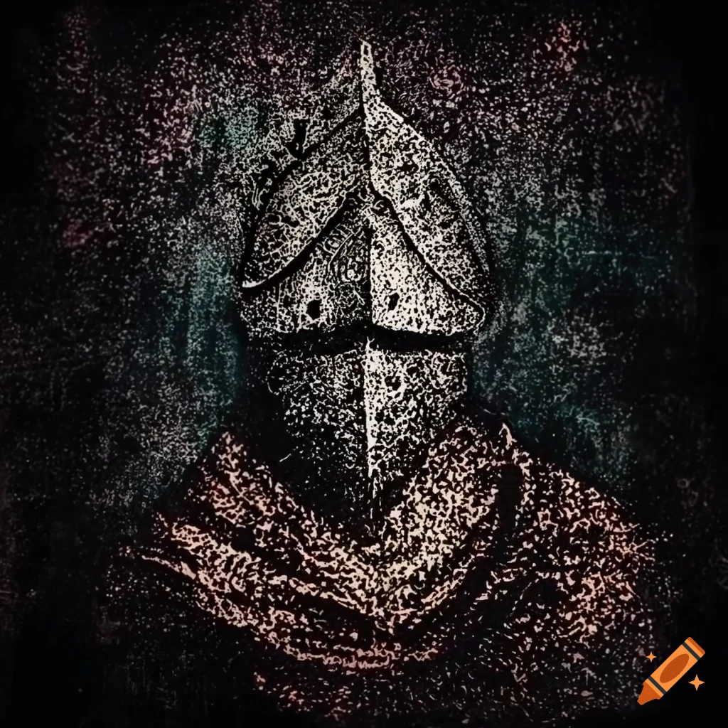 Stippled screen print of a grunge dark souls knight with textured ...