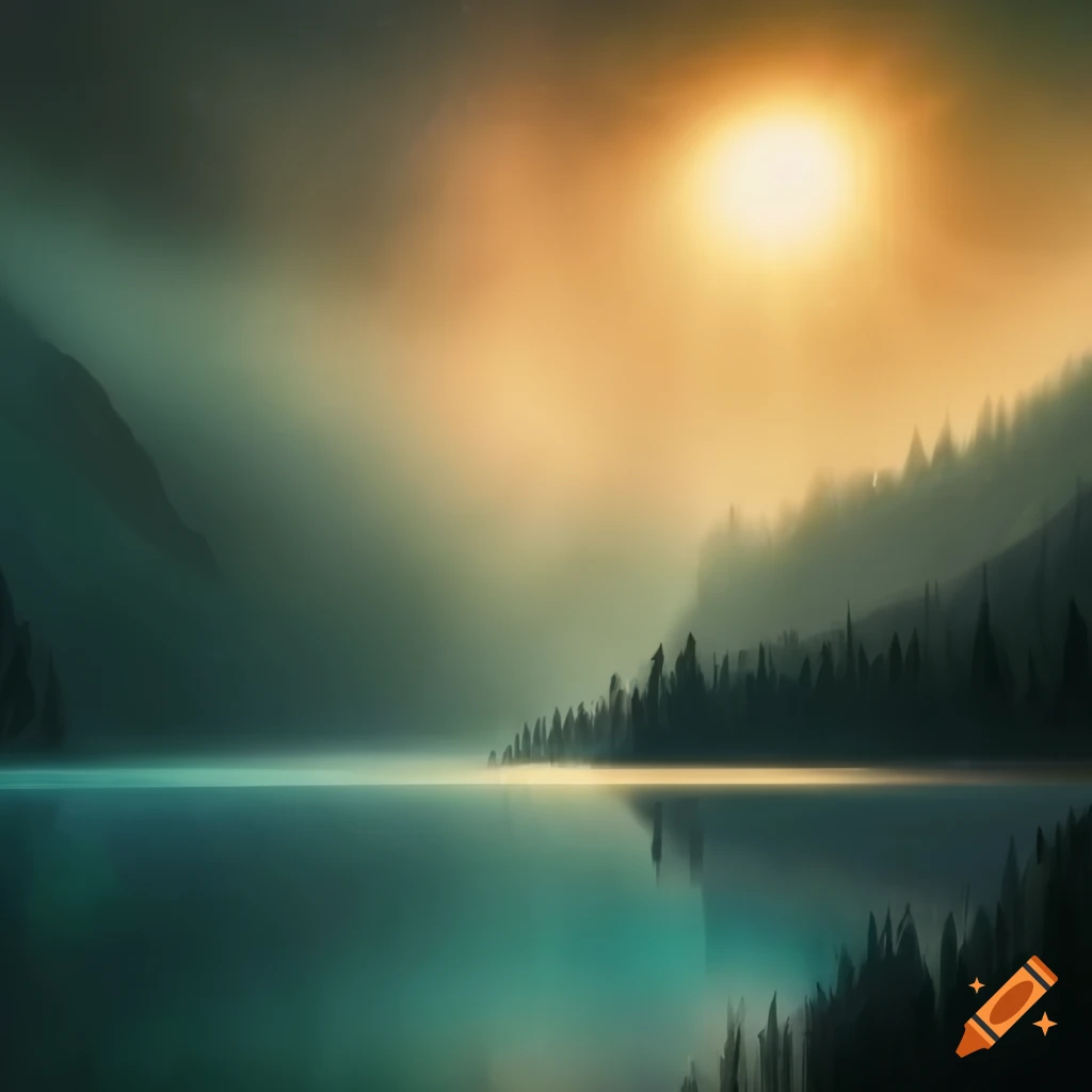 Special effects with god rays shining on mountain lake on Craiyon