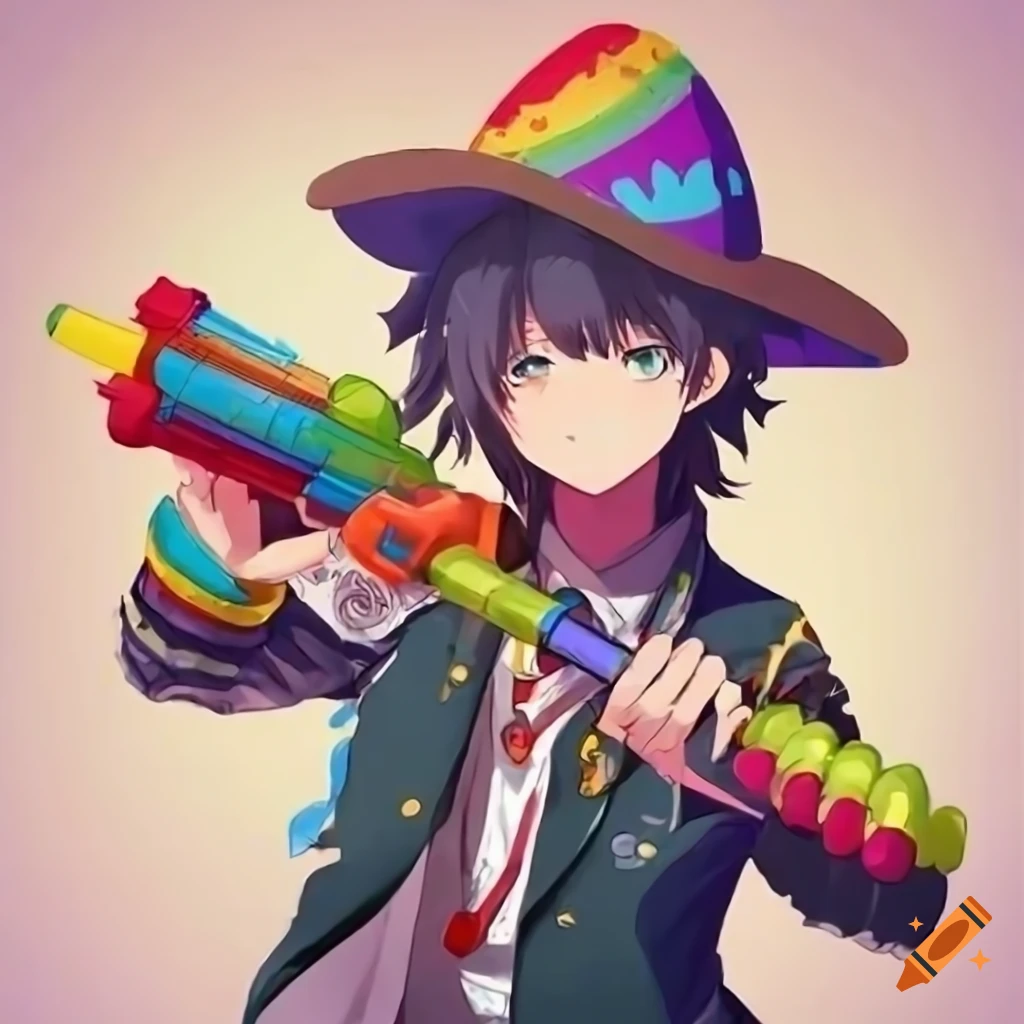 Portrait of a male carnival game worker with a colorful hat holding a ...