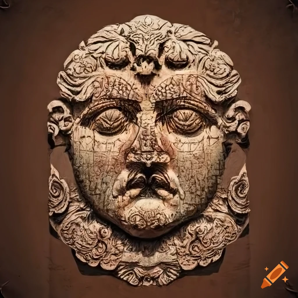Ancient germanic relief carving face texture map on brownstone on Craiyon