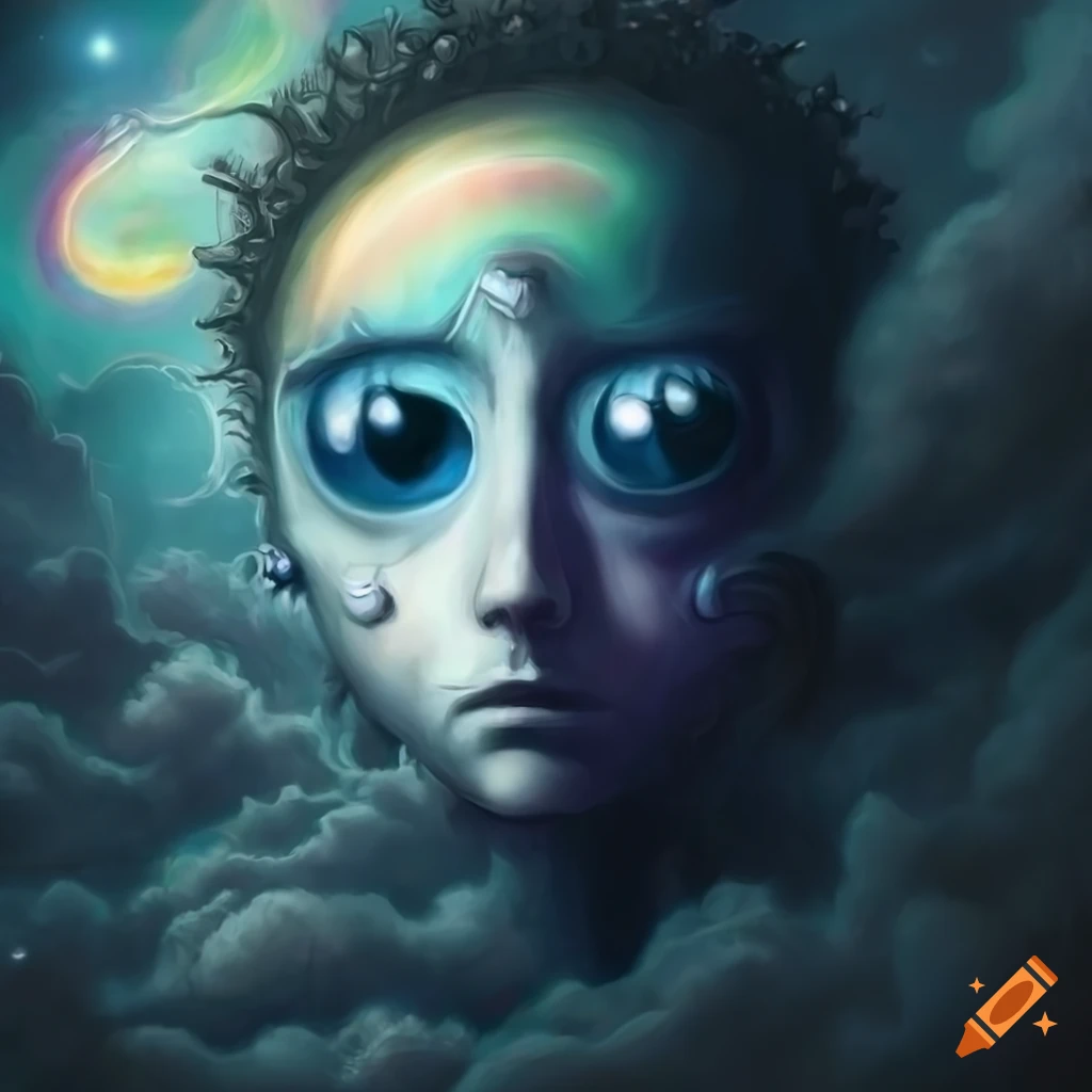 Surreal cosmic scene with a sad face, castle, and clouds in dark ...